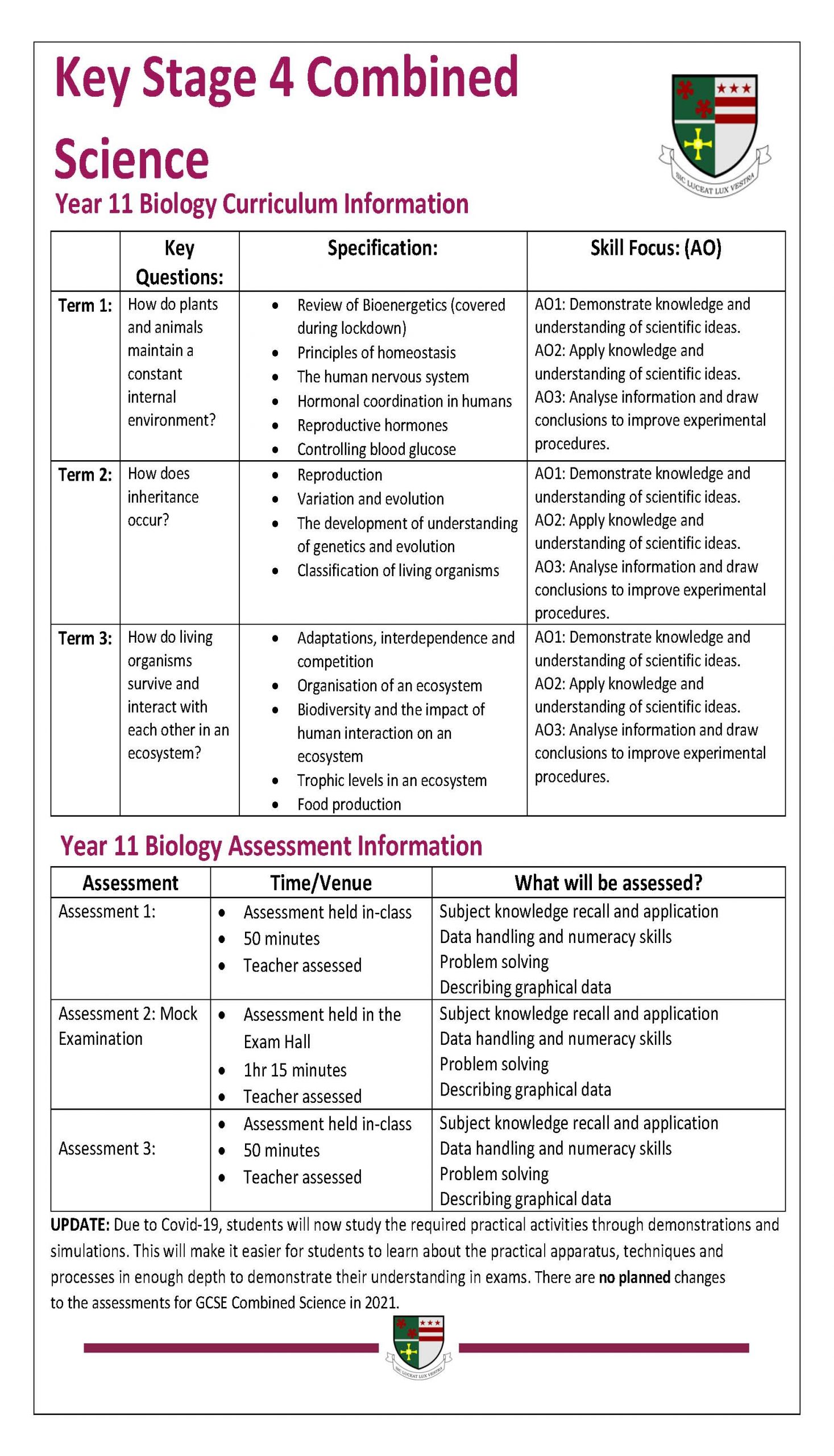 Biology year 11 combined science information sheet - St Robert of ...