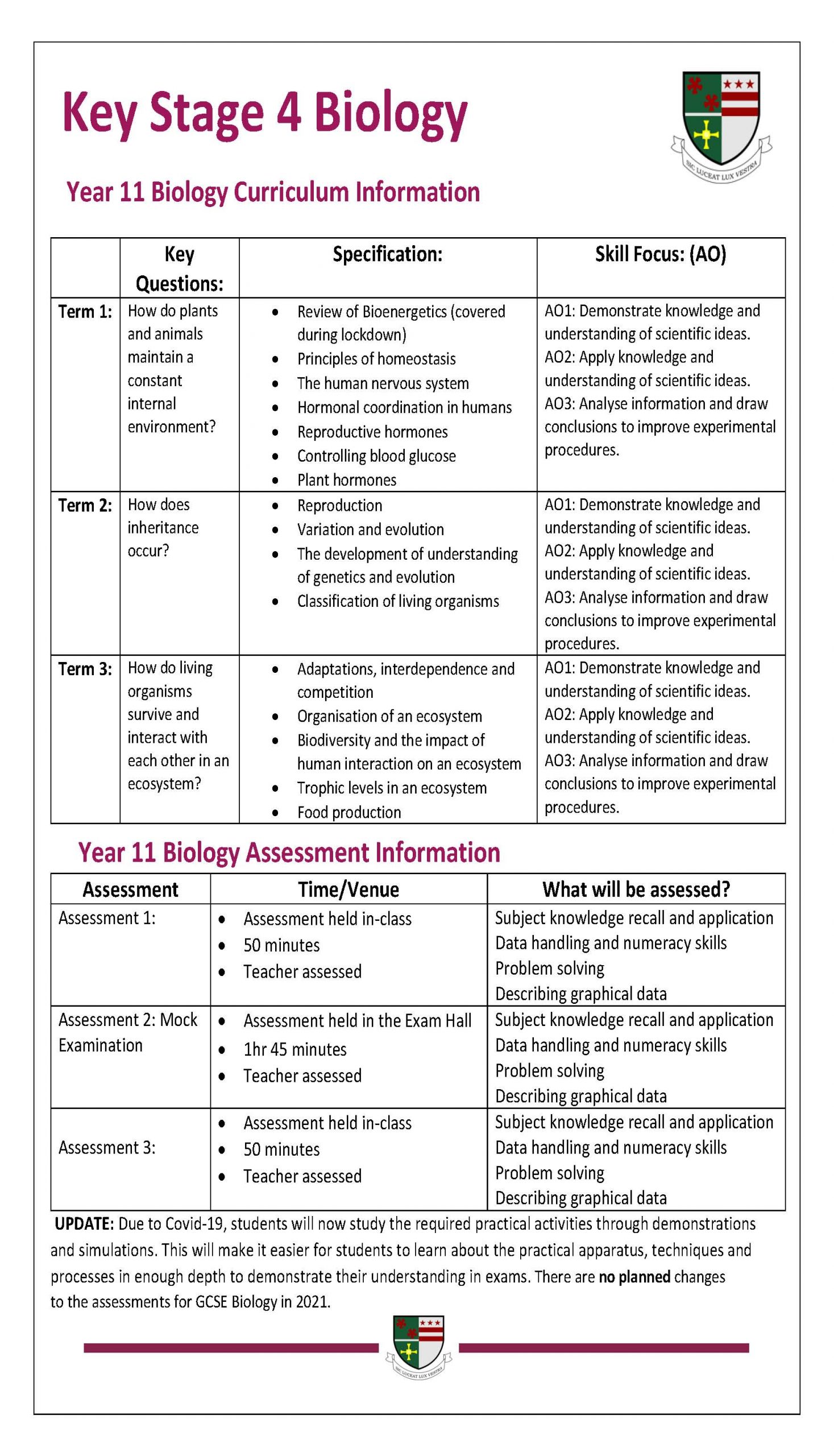 Biology year 11 information sheet - St Robert of Newminster