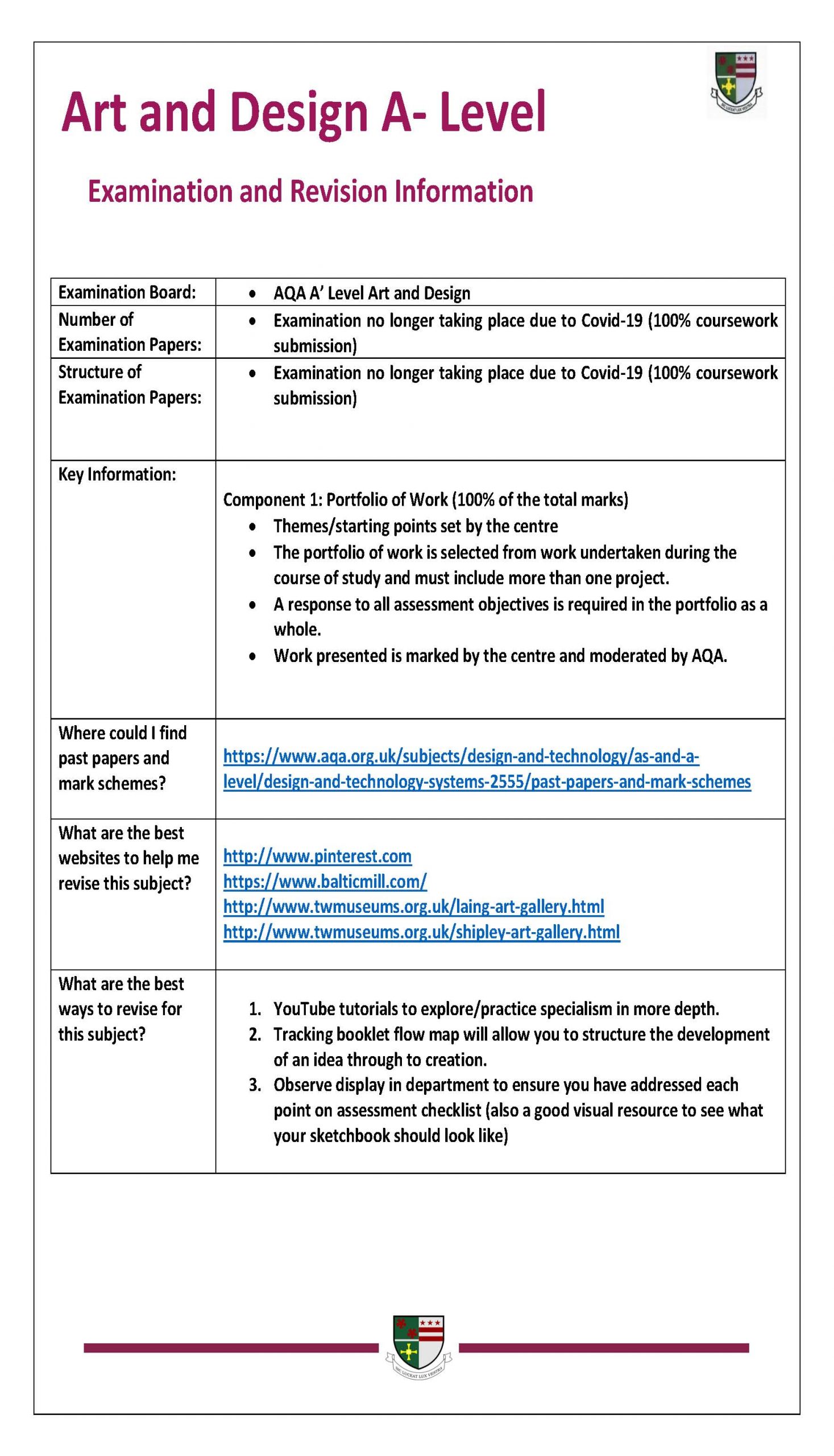 Art - A'Level 2020-21 - St Robert of Newminster