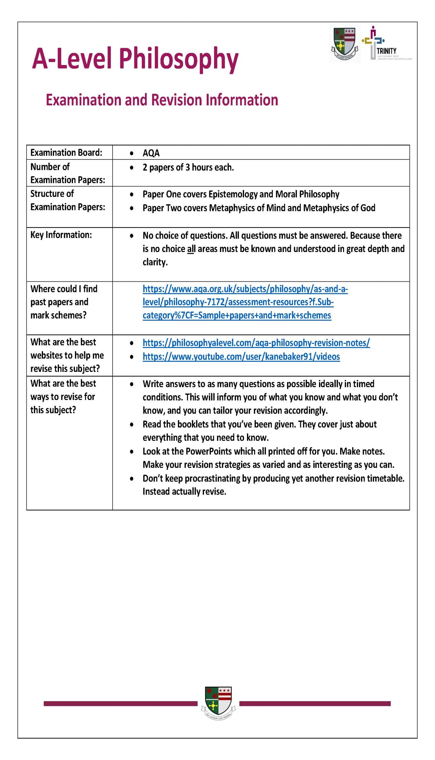 Revision A level Philosophy - St Robert of Newminster